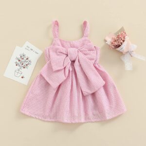 Toddler Baby Girls Sleeveless Dress Front Bowknot Stripe Sling Summer Jumpsuit Princess Casual Romper (Pink, 9-12 Months)