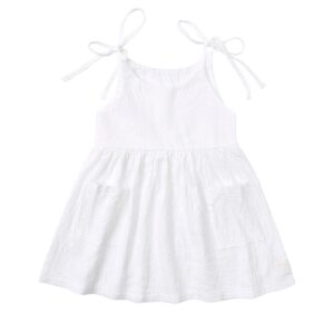 rukosu toddler baby girl summer cotton linen sling white dresses bow straps sleeveless with pockets casual beach sundress white 9-12 months