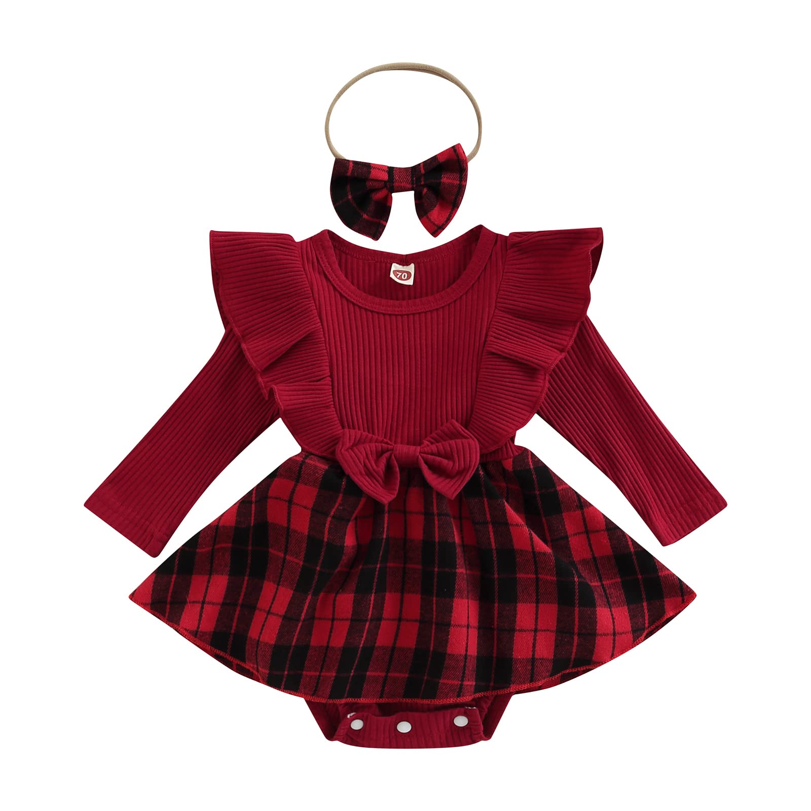 Christmas Infant Baby Girls Romper Dress Plaid Ruffles Long Sleeve Bowknot Skirt Hem Jumpsuits Headband (Red-Plaid, 0-6 Months)