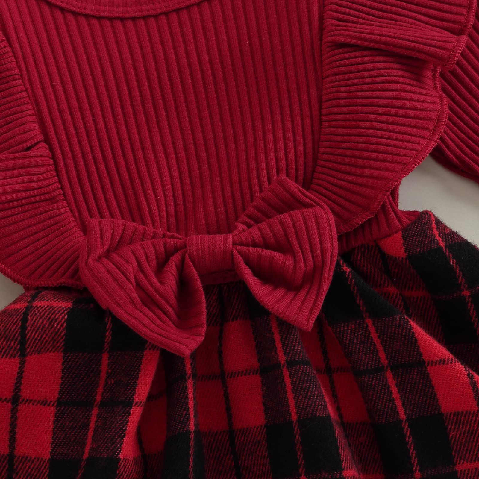 Christmas Infant Baby Girls Romper Dress Plaid Ruffles Long Sleeve Bowknot Skirt Hem Jumpsuits Headband (Red-Plaid, 0-6 Months)