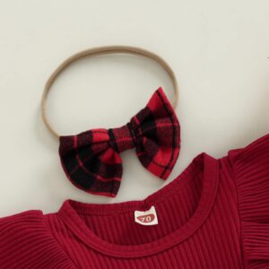 Christmas Infant Baby Girls Romper Dress Plaid Ruffles Long Sleeve Bowknot Skirt Hem Jumpsuits Headband (Red-Plaid, 0-6 Months)