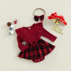 Christmas Infant Baby Girls Romper Dress Plaid Ruffles Long Sleeve Bowknot Skirt Hem Jumpsuits Headband (Red-Plaid, 0-6 Months)