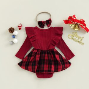 Christmas Infant Baby Girls Romper Dress Plaid Ruffles Long Sleeve Bowknot Skirt Hem Jumpsuits Headband (Red-Plaid, 0-6 Months)