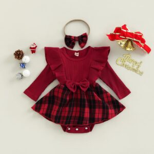 Christmas Infant Baby Girls Romper Dress Plaid Ruffles Long Sleeve Bowknot Skirt Hem Jumpsuits Headband (Red-Plaid, 0-6 Months)