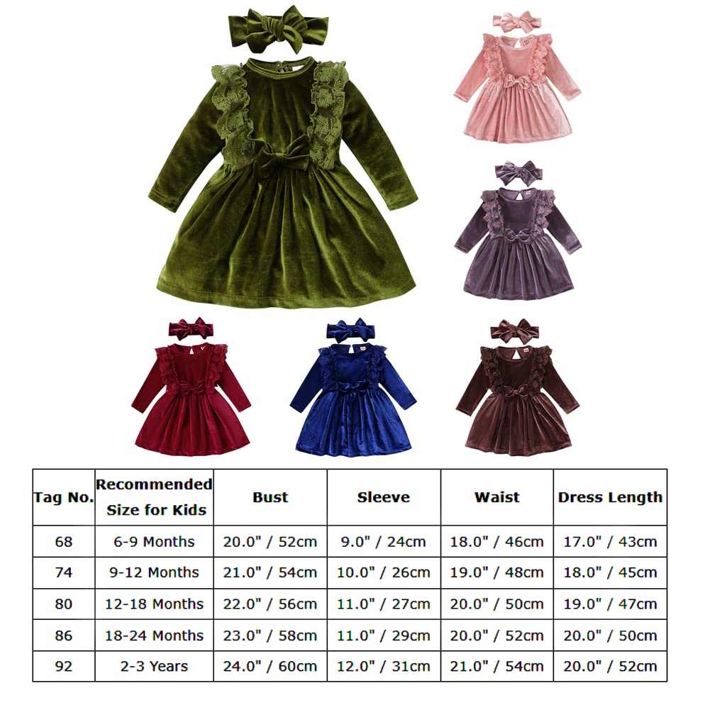 Toddler Velvet Christmas Dress Baby Girls Vintage Ruffle Long Sleeve Velvet Dresses with Headband 2PCS Princess Pageant Birthday Holiday Party Dresses Fall Winter Outfit Red 9-12 Months