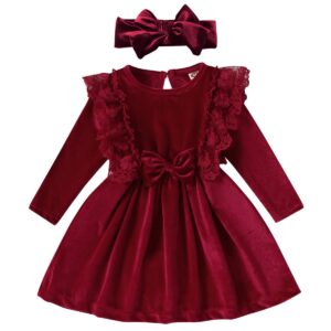 toddler velvet christmas dress baby girls vintage ruffle long sleeve velvet dresses with headband 2pcs princess pageant birthday holiday party dresses fall winter outfit red 9-12 months