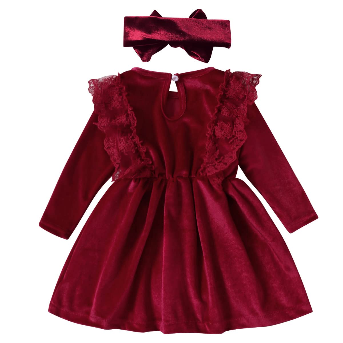 Toddler Velvet Christmas Dress Baby Girls Vintage Ruffle Long Sleeve Velvet Dresses with Headband 2PCS Princess Pageant Birthday Holiday Party Dresses Fall Winter Outfit Red 9-12 Months