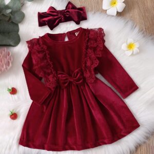 Toddler Velvet Christmas Dress Baby Girls Vintage Ruffle Long Sleeve Velvet Dresses with Headband 2PCS Princess Pageant Birthday Holiday Party Dresses Fall Winter Outfit Red 9-12 Months