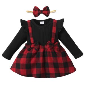 HIGHUZZA 3-6 Month Baby Girl Clothes Newborn Dress Infant Romper Fall Outfits Winter Jumpsuit Girl's Clothing Overall Plaid Stripes Girl Skirt Set with Headband Black