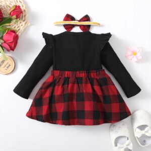 HIGHUZZA 3-6 Month Baby Girl Clothes Newborn Dress Infant Romper Fall Outfits Winter Jumpsuit Girl's Clothing Overall Plaid Stripes Girl Skirt Set with Headband Black