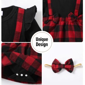 HIGHUZZA 3-6 Month Baby Girl Clothes Newborn Dress Infant Romper Fall Outfits Winter Jumpsuit Girl's Clothing Overall Plaid Stripes Girl Skirt Set with Headband Black