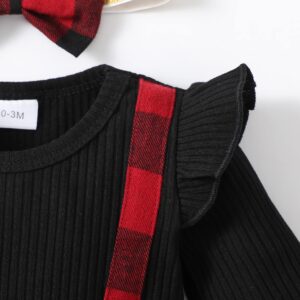 HIGHUZZA 3-6 Month Baby Girl Clothes Newborn Dress Infant Romper Fall Outfits Winter Jumpsuit Girl's Clothing Overall Plaid Stripes Girl Skirt Set with Headband Black