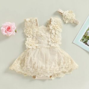 Baby Girl Clothes Floral Boho Lace Romper Bodysuit Romper Jumpsuit Summer Outfit Halloween Baby Clothes Girls (Beige, 0-3 Months)