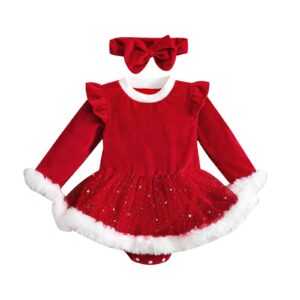 yccutest newborn baby girls christmas romper dress fur trim mesh skirts bodysuits velvet xmas outfits winter clothes (red,0-6 months)