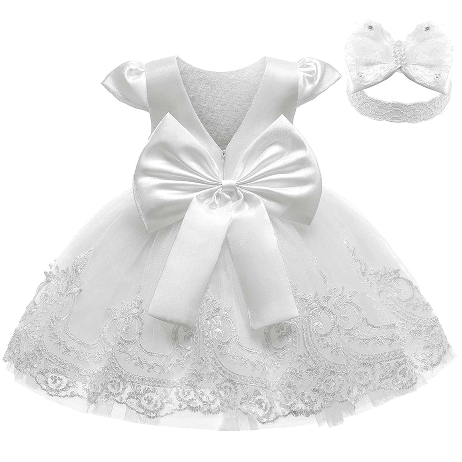 3M-3T Toddler Baby Girls Dress Pageant Wedding Flower Girls Dress Formal Gowns Embroidered Lace Dress + Headwear