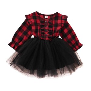 toddler baby girls christmas outfit buffalo plaid ruffle long sleeve shirt tutu skirt dress clothes (1-2t,black and red plaid)