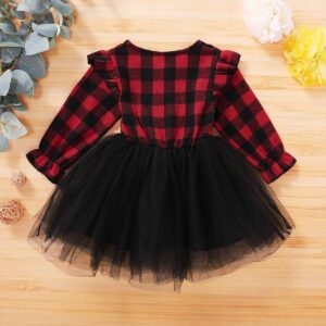 Toddler Baby Girls Christmas Outfit Buffalo Plaid Ruffle Long Sleeve Shirt Tutu Skirt Dress Clothes (1-2T,Black and red Plaid)