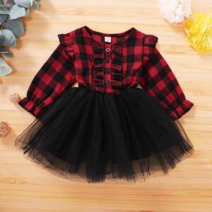 Toddler Baby Girls Christmas Outfit Buffalo Plaid Ruffle Long Sleeve Shirt Tutu Skirt Dress Clothes (1-2T,Black and red Plaid)