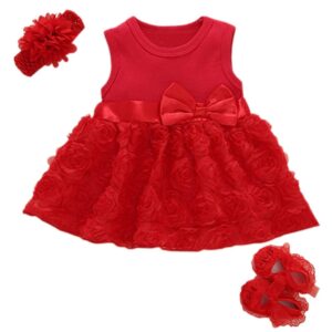 niyage baby girls clothes dress headband shoes 3 pcs set flowers party outfit floral dress-red 0-3 months