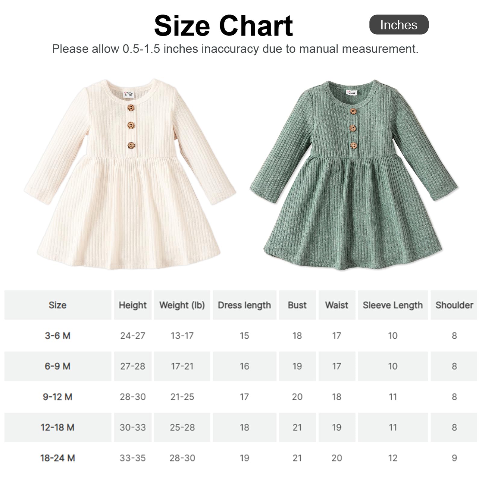 PATPAT Baby Girls Dress Infant Crewneck Solid Rib Knit Skirt Dress Fall Dress Long-Sleeve Dress 9-12 Months