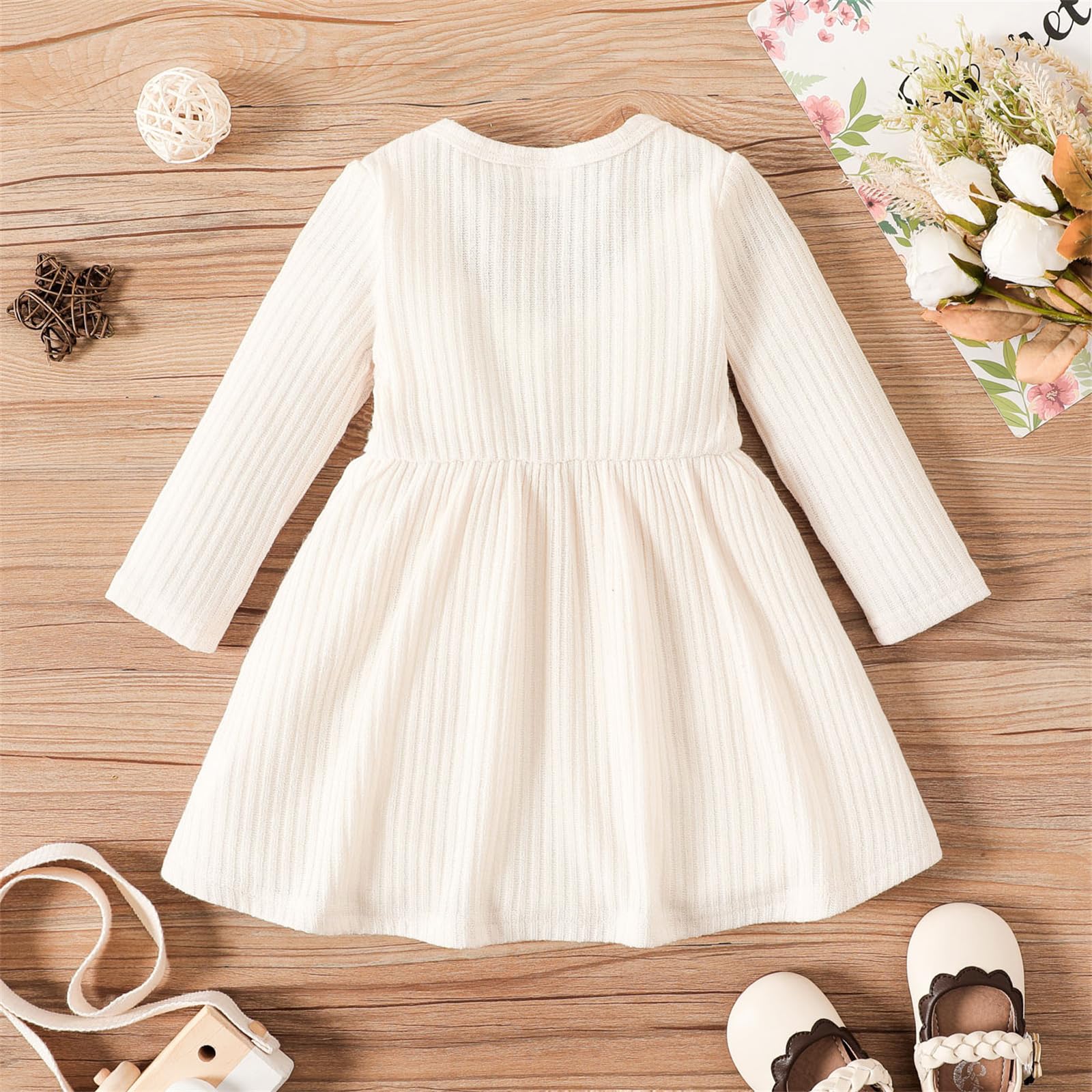 PATPAT Baby Girls Dress Infant Crewneck Solid Rib Knit Skirt Dress Fall Dress Long-Sleeve Dress 9-12 Months