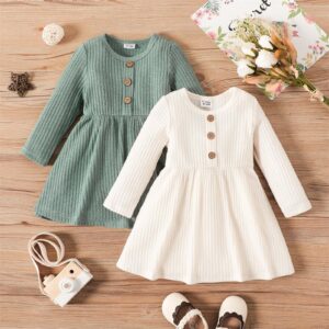 PATPAT Baby Girls Dress Infant Crewneck Solid Rib Knit Skirt Dress Fall Dress Long-Sleeve Dress 9-12 Months