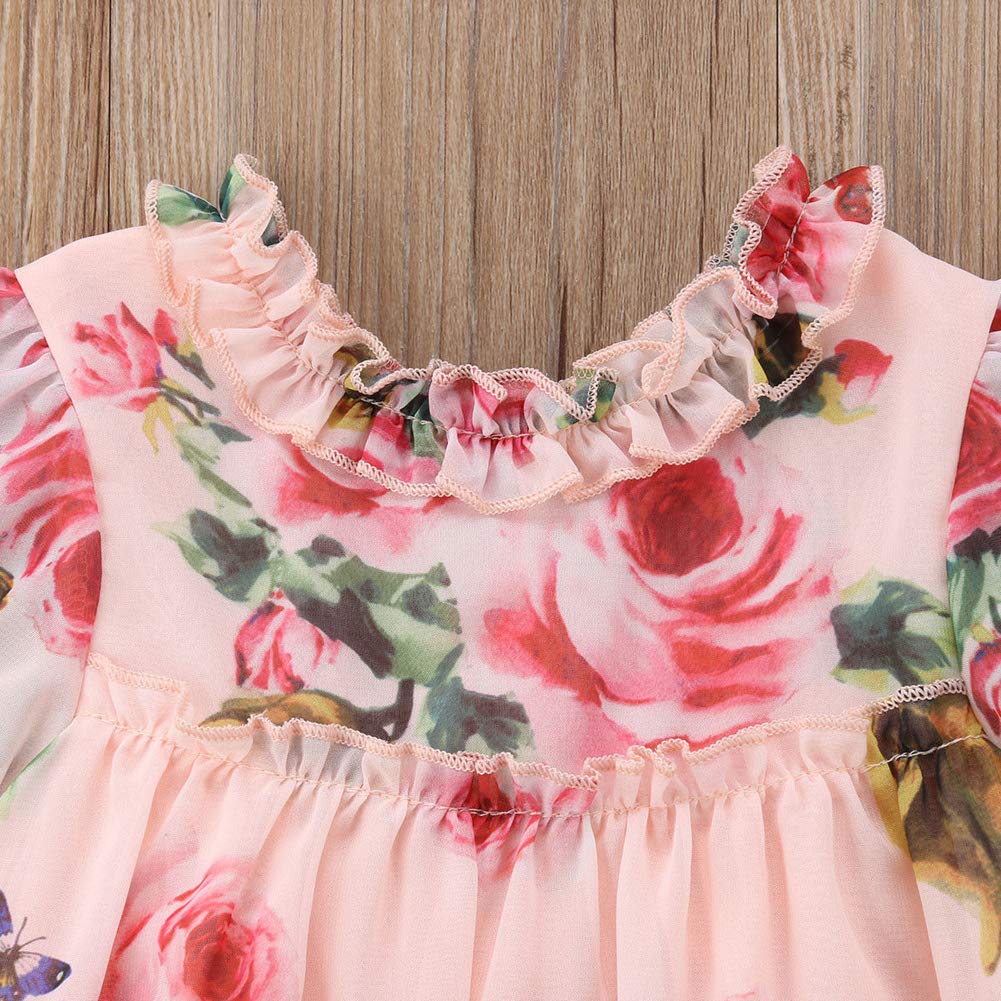 Toddler Baby Girls Flower Print Ruffles Princess Dress Sundress Clothes Outfit (6-12 Months, Pink)