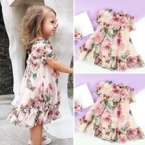 Toddler Baby Girls Flower Print Ruffles Princess Dress Sundress Clothes Outfit (6-12 Months, Pink)