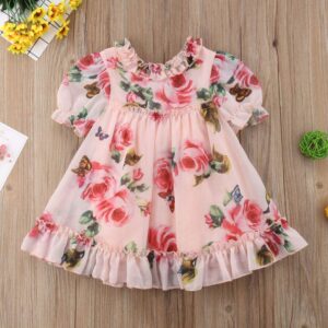 Toddler Baby Girls Flower Print Ruffles Princess Dress Sundress Clothes Outfit (6-12 Months, Pink)