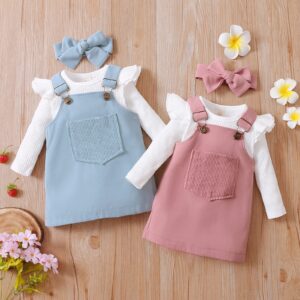 Kupretty Newborn Baby Girl Fall Clothes Ruffle Long Sleeve Ribbed Romper Corduroy Suspender Skirts Infant Overalls Dress Outfits (Blue, 0-3 Months)