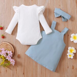 Kupretty Newborn Baby Girl Fall Clothes Ruffle Long Sleeve Ribbed Romper Corduroy Suspender Skirts Infant Overalls Dress Outfits (Blue, 0-3 Months)