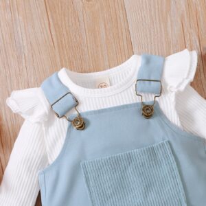 Kupretty Newborn Baby Girl Fall Clothes Ruffle Long Sleeve Ribbed Romper Corduroy Suspender Skirts Infant Overalls Dress Outfits (Blue, 0-3 Months)