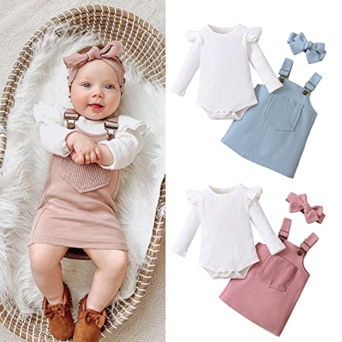 Kupretty Newborn Baby Girl Fall Clothes Ruffle Long Sleeve Ribbed Romper Corduroy Suspender Skirts Infant Overalls Dress Outfits (Blue, 0-3 Months)