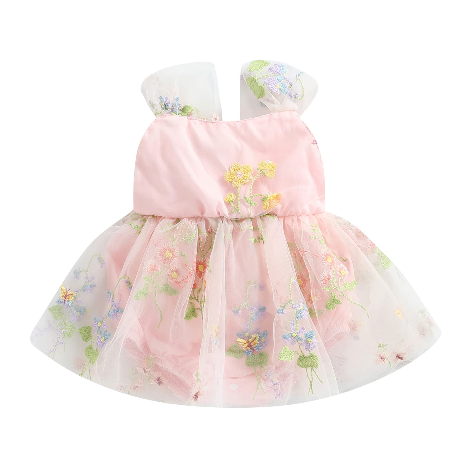 Infant Baby Girl Summer Fairy Romper Dress Adjustable Straps Backless Floral Embroidery Birthday Tutu Dress (Pink, 0-6 Months)