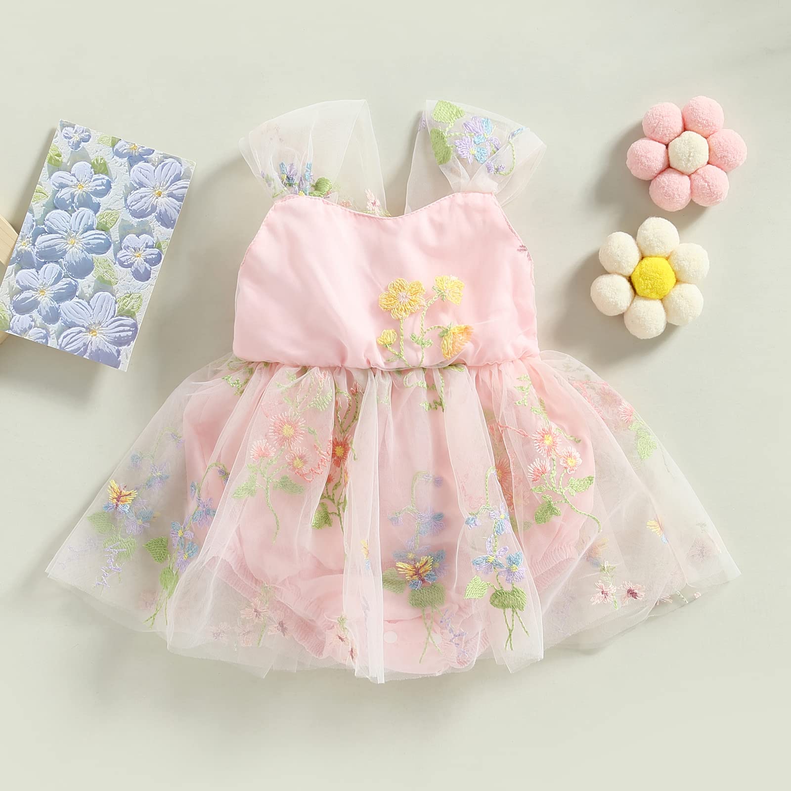 Infant Baby Girl Summer Fairy Romper Dress Adjustable Straps Backless Floral Embroidery Birthday Tutu Dress (Pink, 0-6 Months)