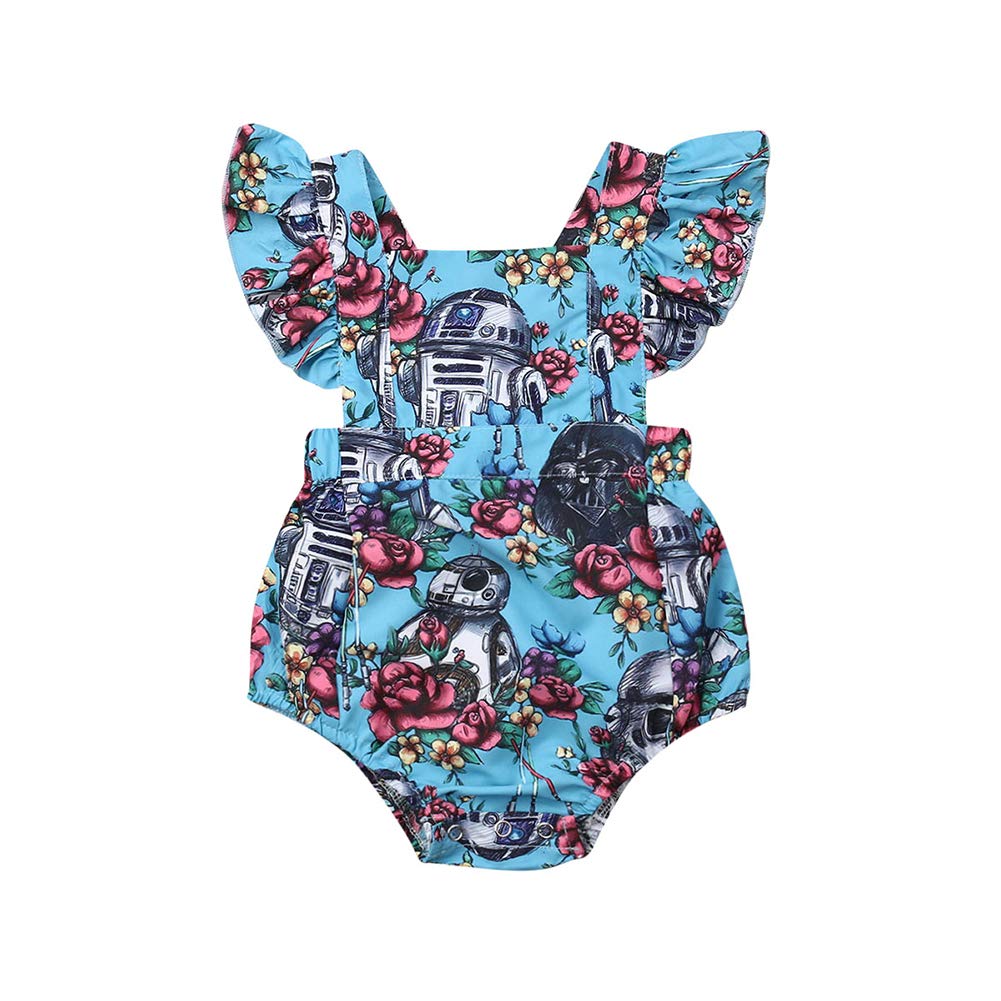 Axupico Baby Girl Romper Clothes Newborn One Piece Romper Floral Sleeveless Backless Ruffle Sleeve Princess Summer Clothes (Blue Romper, 6_Months)