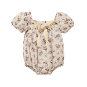 kupretty newborn baby girl cotton summer clothes vintage floral romper square neck short sleeve bodysuit jumpsuit (beige, 12-18 months)