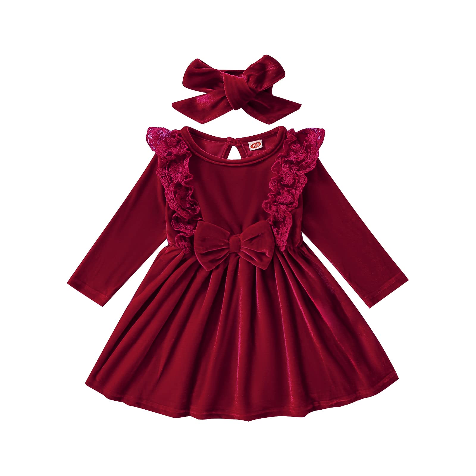 FIOMVA Newborn Baby Girl Christmas Outfit Ruffle Long Sleeve Velvet Dress Causal Princess Dresses Fall Winter Clothes(Christmas-Red Bow,6-9 Months)