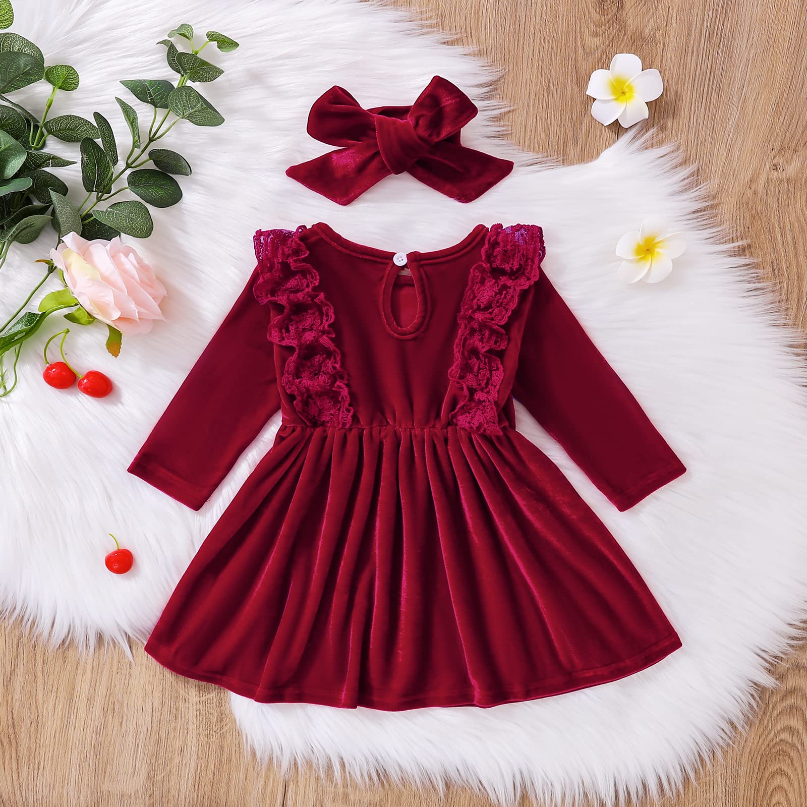 FIOMVA Newborn Baby Girl Christmas Outfit Ruffle Long Sleeve Velvet Dress Causal Princess Dresses Fall Winter Clothes(Christmas-Red Bow,6-9 Months)