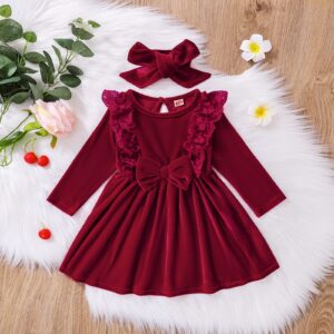 FIOMVA Newborn Baby Girl Christmas Outfit Ruffle Long Sleeve Velvet Dress Causal Princess Dresses Fall Winter Clothes(Christmas-Red Bow,6-9 Months)