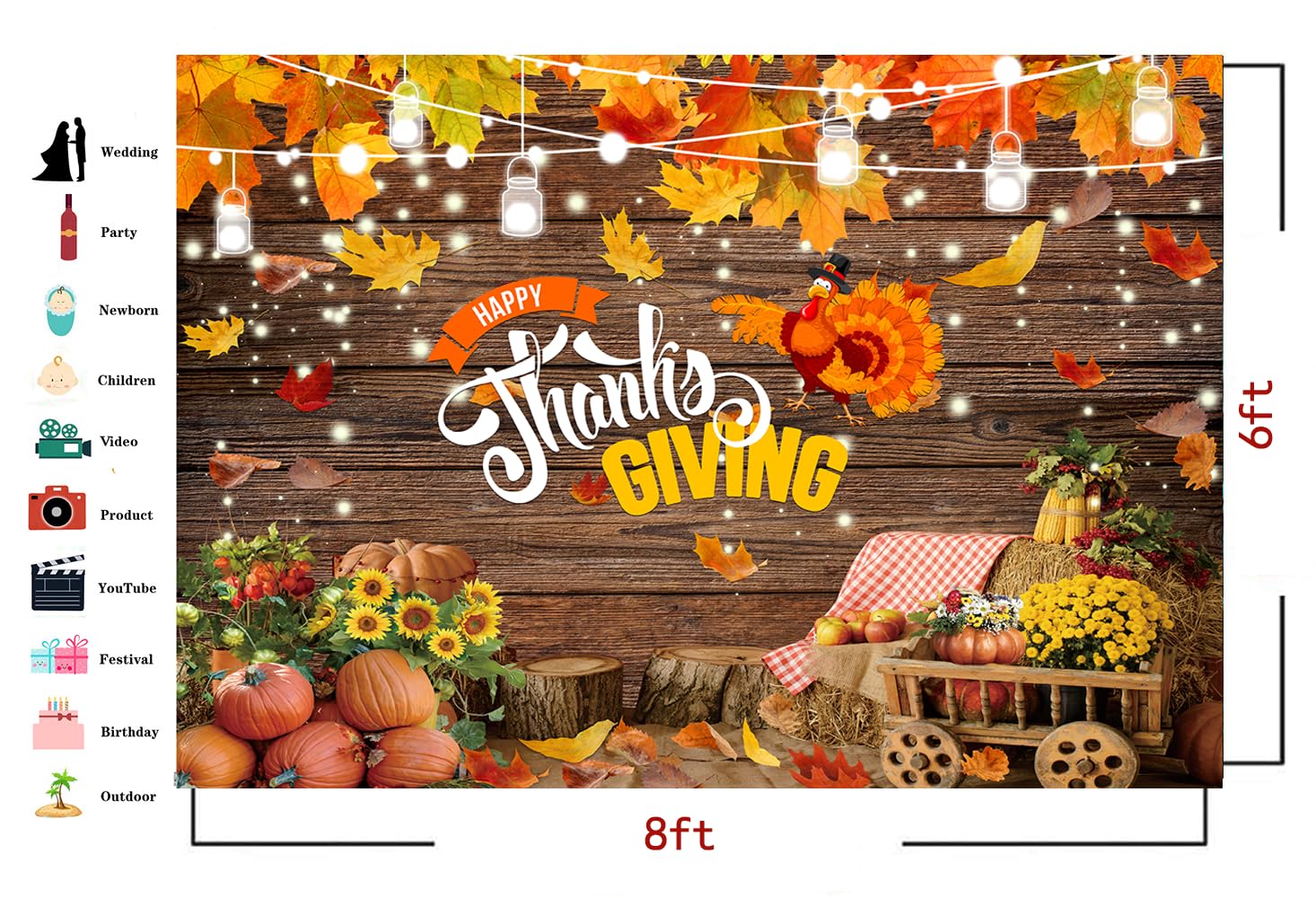 Dudaacvt 8x6ft Thanksgiving Photography Backdrop Rustic Wooden Floor Barn Harvest Background Thanksgiving Turkey Autumn Pumpkins Backdrop Thanksgiving Party Decoration Backdrop D643