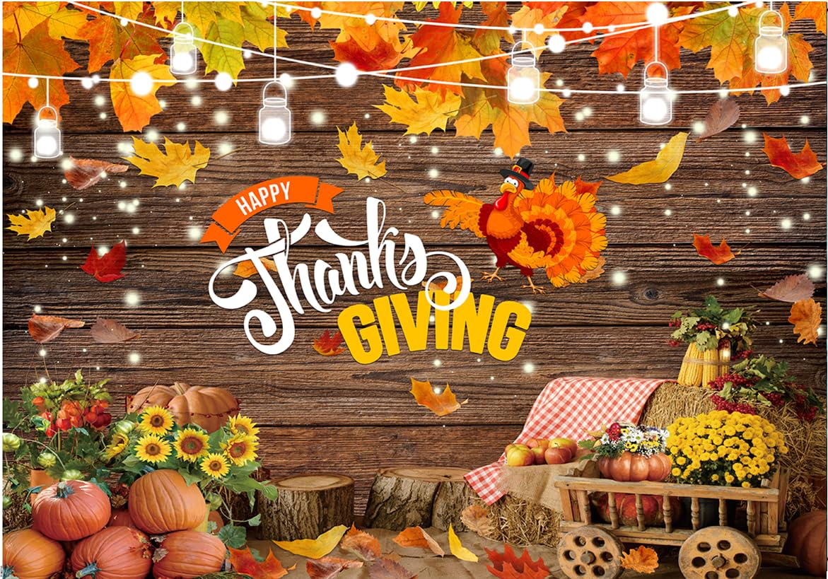 Dudaacvt 8x6ft Thanksgiving Photography Backdrop Rustic Wooden Floor Barn Harvest Background Thanksgiving Turkey Autumn Pumpkins Backdrop Thanksgiving Party Decoration Backdrop D643