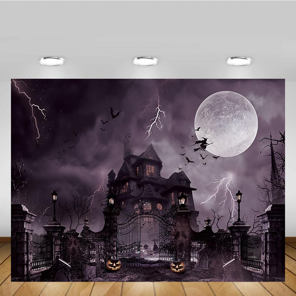 MEHOFOND 8x6ft Halloween Photography Backdrop Haunted House Moon Night Gates Purple Scary Cemetery Pumpkin Background Horrible Scary Cemetery Vampire Party Decorations Banner Photo Studio Props