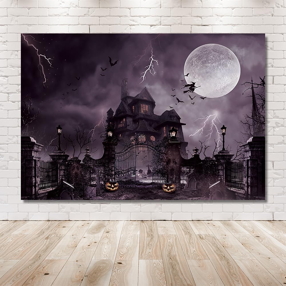 MEHOFOND 8x6ft Halloween Photography Backdrop Haunted House Moon Night Gates Purple Scary Cemetery Pumpkin Background Horrible Scary Cemetery Vampire Party Decorations Banner Photo Studio Props