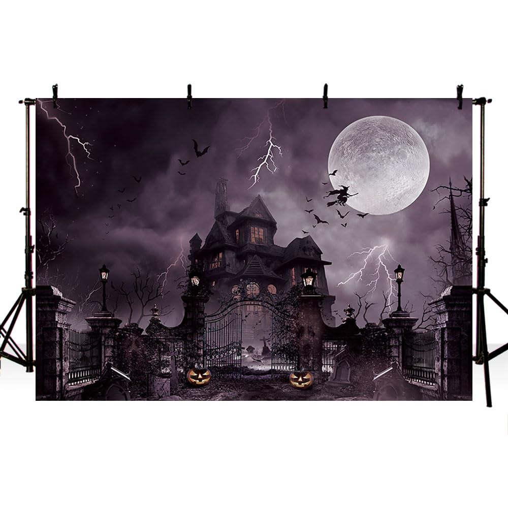 MEHOFOND 8x6ft Halloween Photography Backdrop Haunted House Moon Night Gates Purple Scary Cemetery Pumpkin Background Horrible Scary Cemetery Vampire Party Decorations Banner Photo Studio Props