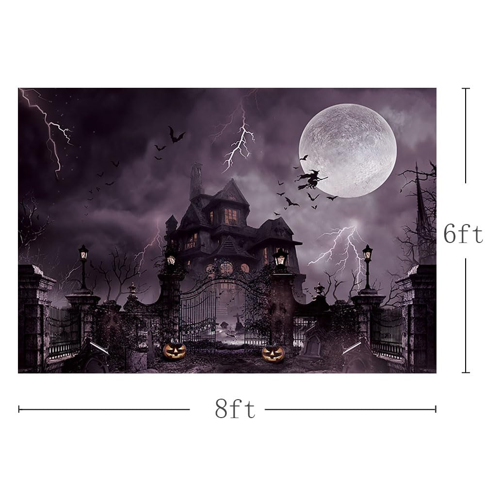 MEHOFOND 8x6ft Halloween Photography Backdrop Haunted House Moon Night Gates Purple Scary Cemetery Pumpkin Background Horrible Scary Cemetery Vampire Party Decorations Banner Photo Studio Props