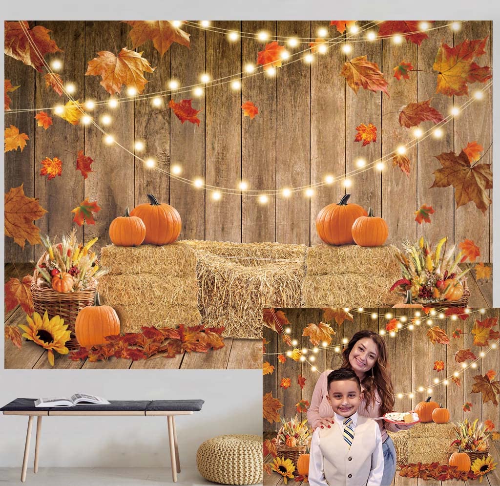 Fall Pumpkin Photography Backdrop 8x6FT Autumn Thanksgiving Harvest Hay Glitter Wooden Background Maple Sunflowers Newborn Baby Shower Banner Party Decorations Photo Booth Props