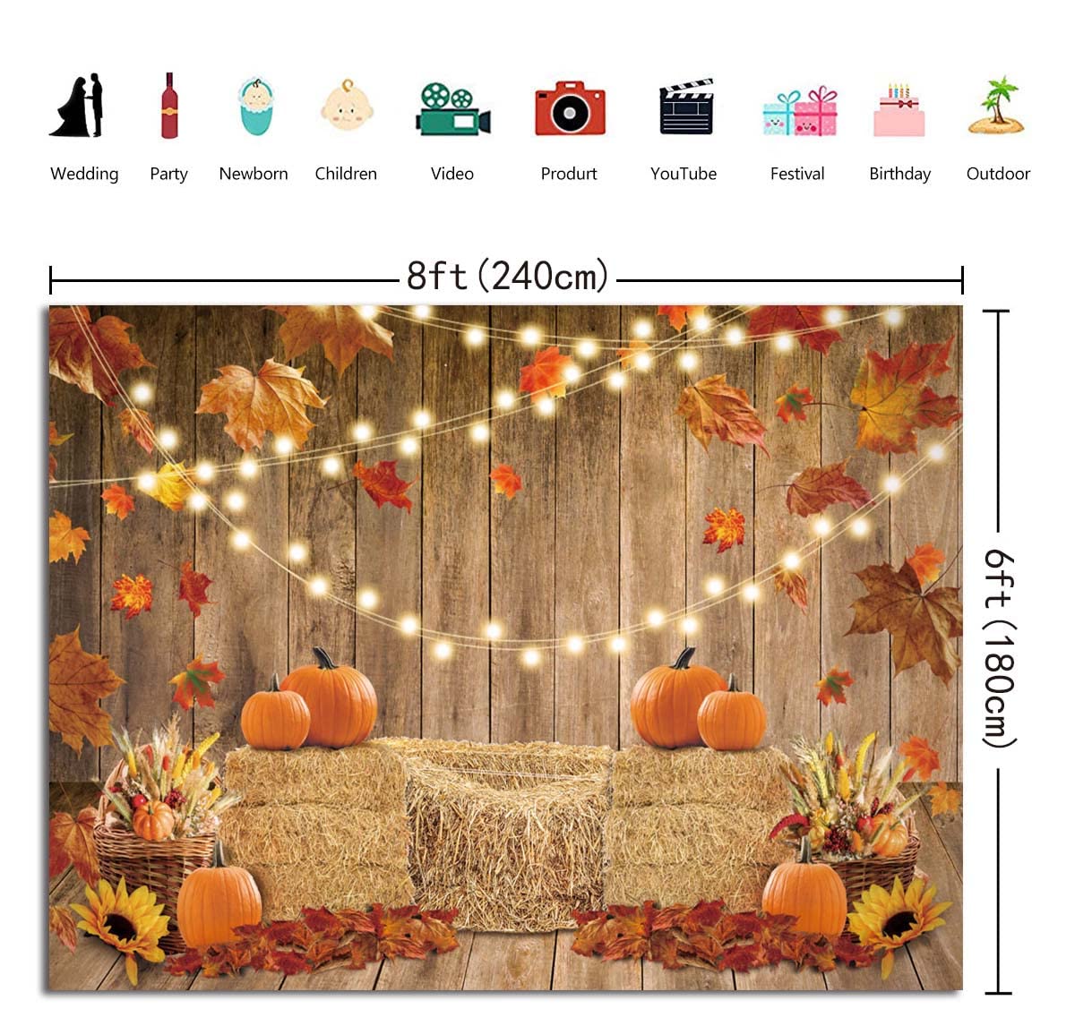 Fall Pumpkin Photography Backdrop 8x6FT Autumn Thanksgiving Harvest Hay Glitter Wooden Background Maple Sunflowers Newborn Baby Shower Banner Party Decorations Photo Booth Props