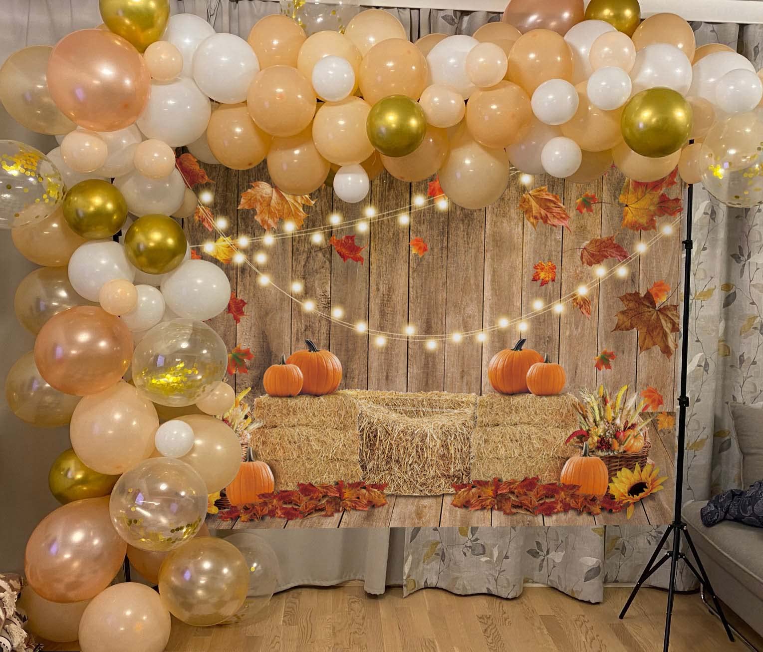 Fall Pumpkin Photography Backdrop 8x6FT Autumn Thanksgiving Harvest Hay Glitter Wooden Background Maple Sunflowers Newborn Baby Shower Banner Party Decorations Photo Booth Props