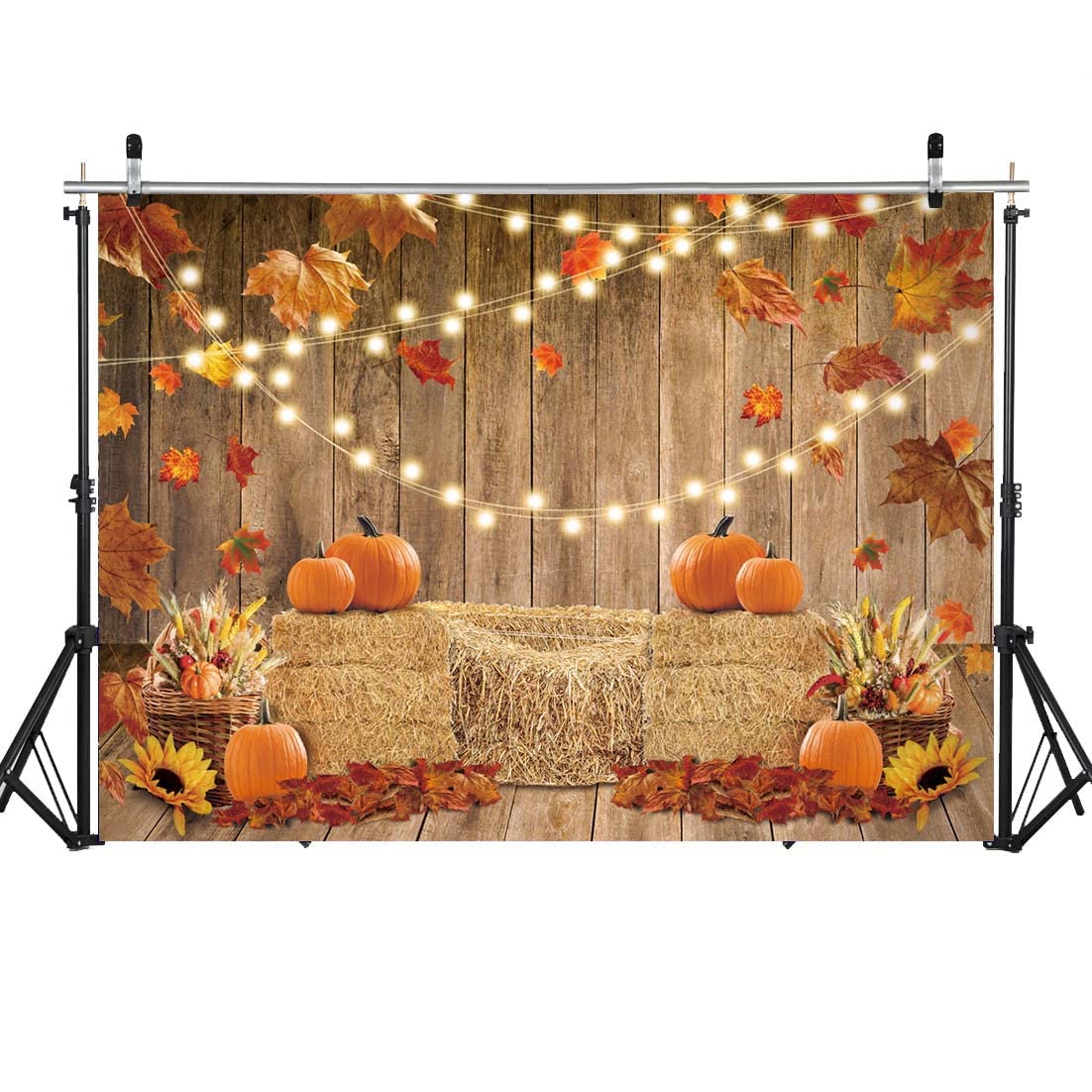 Fall Pumpkin Photography Backdrop 8x6FT Autumn Thanksgiving Harvest Hay Glitter Wooden Background Maple Sunflowers Newborn Baby Shower Banner Party Decorations Photo Booth Props